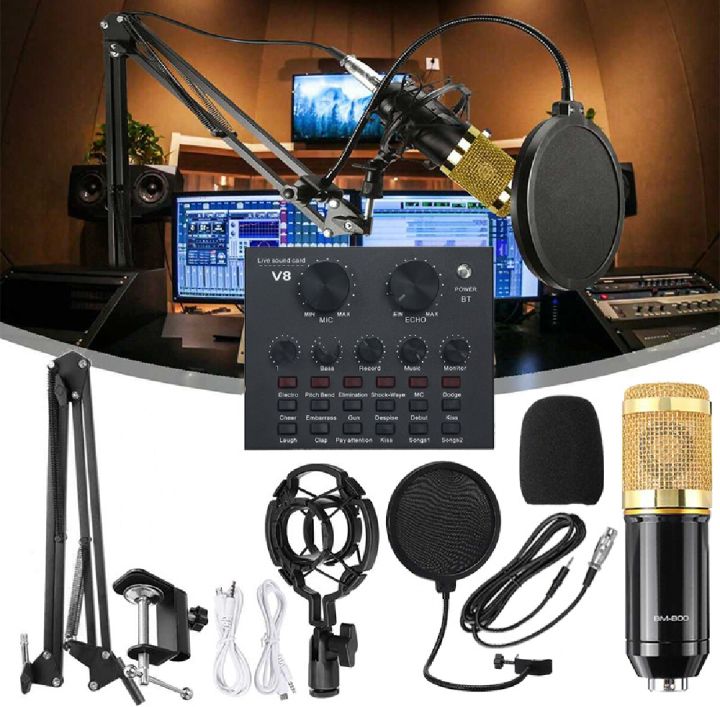 V8 Sound Card + BM800 Mic Set Condenser Microphone Live Sound Card Bluetooth Audio Interface ...