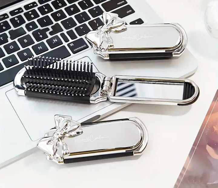 Folding Hair Brush with Mirror – Cute Bow Design – Compact Travel Hair ...