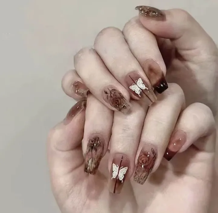 24Pcs Rose Butterfly Fake Nails with Glue DIY Art Design False Nails ...