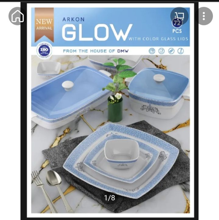 Melamine Dinner Set with Glass Lids 72 Pieces Arkon Glow 8 Persons ...