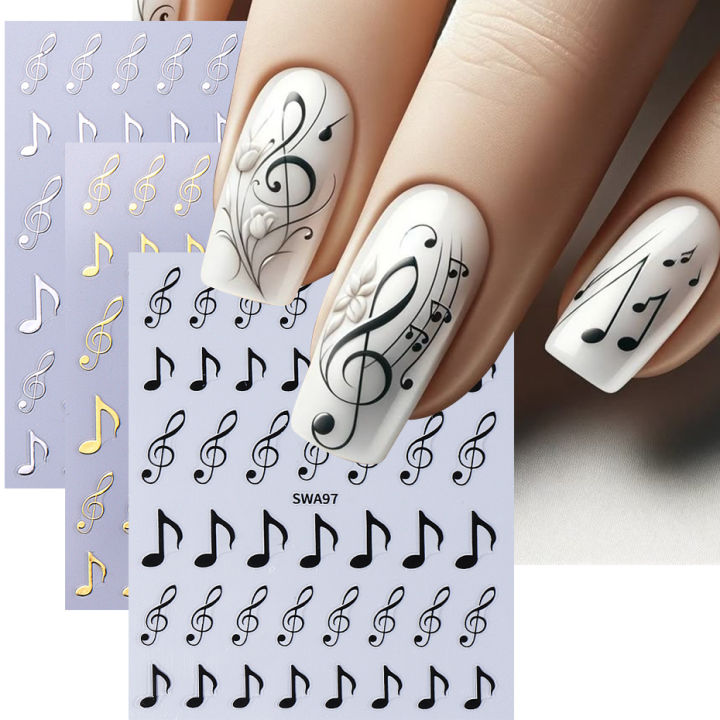 3pcs Musical Notes Nail Stickers 3D Black Gold Silver Symbols Design ...