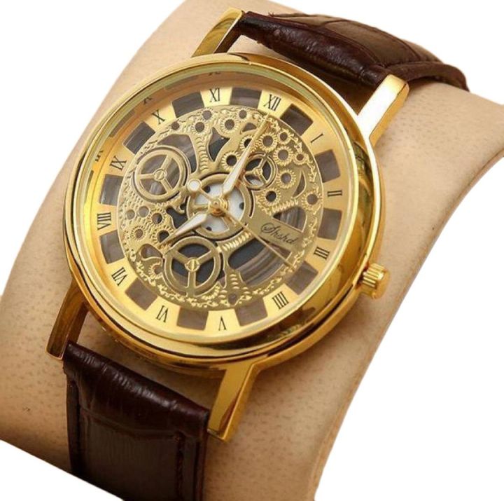 Lether Skeleton Watch Double Sided Transparent Glass Golden Color Watch ...