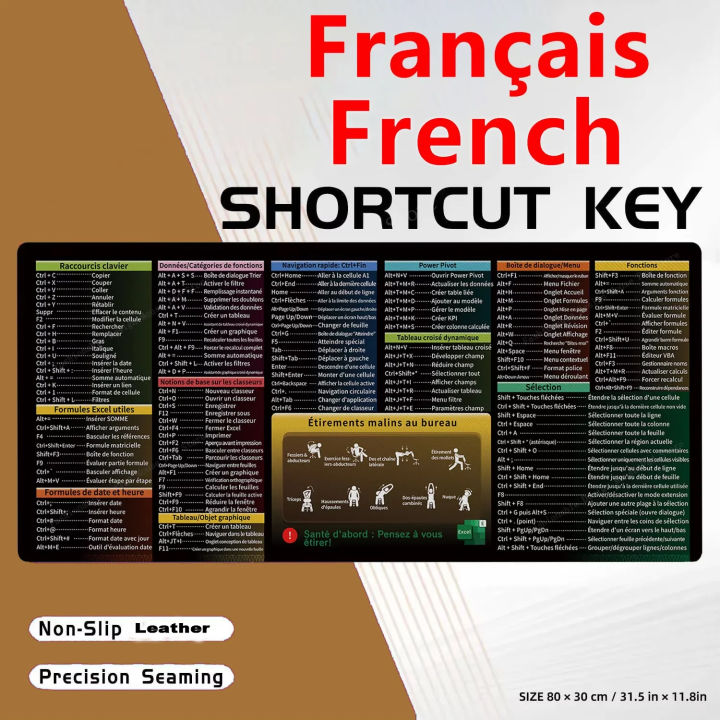 French Français Excel Shortcuts Keys Mouse Pad Cheat Sheet Keyboard ...