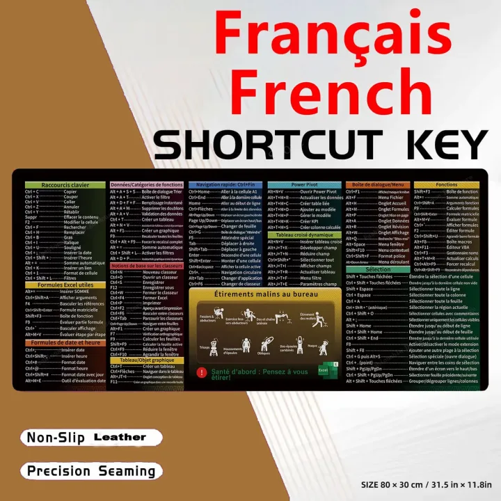 French Français Excel Shortcuts Keys Mouse Pad Cheat Sheet Keyboard ...