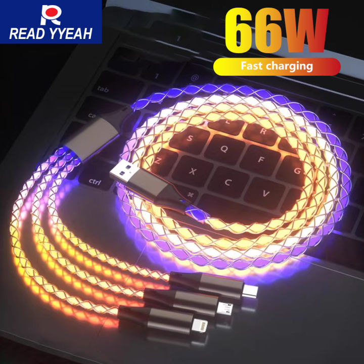 3 in 1 1.2M 6A Super Fast Charging Colorful Light Data Cable Drag Three ...