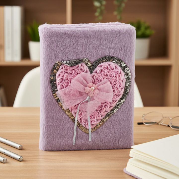 A5 Fur Diary for Girls - Fluffy Heart Sequin Journal Notebook with Bow ...