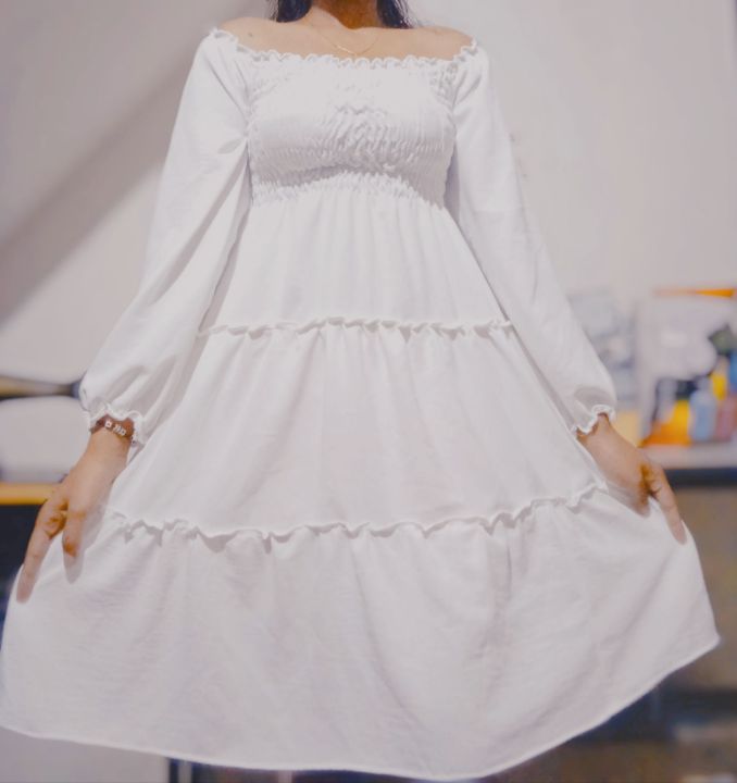 Smoke Long Sleeve Frock White | Daraz.lk