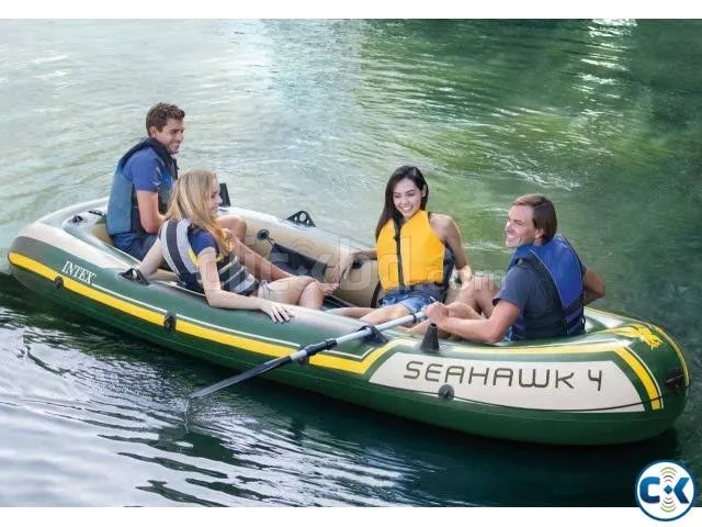 The image shows an Intex Seahawk 4 inflatable boat set designed for ...