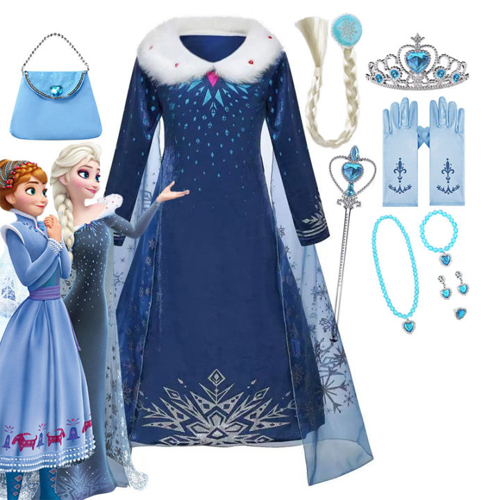 Girls Cosplay Disney Frozen Snow Queen Elsa Princess Dress Kids Cape ...