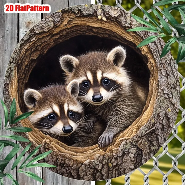 2D Flat - 1pc Vintage Raccoon Aluminum Wall Sign Round Metal Garden ...