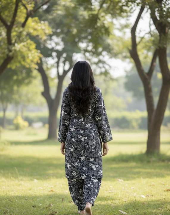 Ladies/women stitched two piece printed reshmi suit, black and white ...
