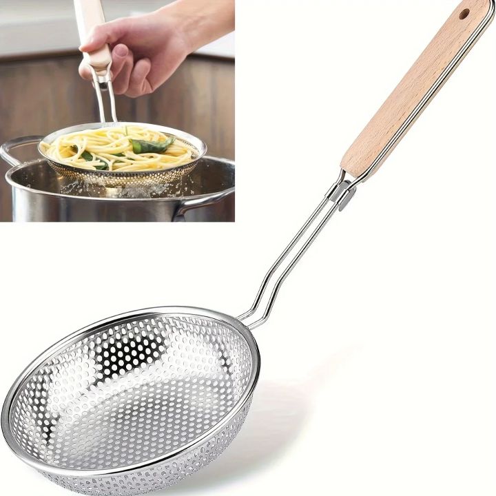 Stainless steel skimmer, wooden handle, fine mesh perforated filter ...