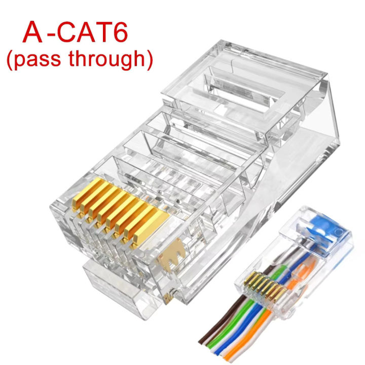 50/100pcs RJ45 CAT5 Cat6 Pass Through Connector Gold Plated Unmodule ...