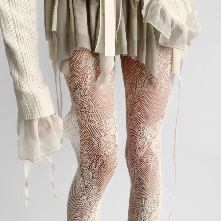 White and Black Hollowed Out Lace Mesh Pantyhose Floral Rattan Bottomed ...