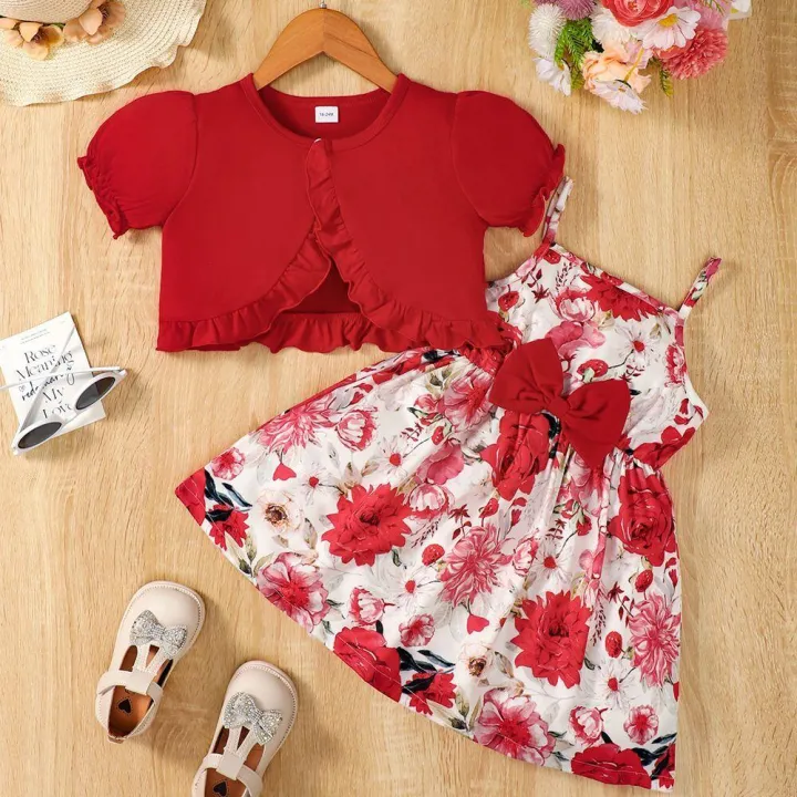 2PCS Children Girls Clothes Set Sling Floral Dress Solid Short Sleeves ...