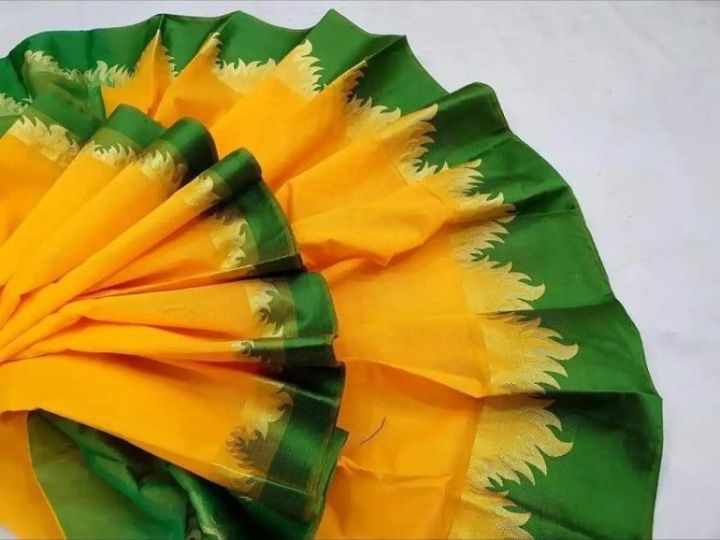 Halfsilk yellow colour agun par saree/halfsilk saree | Daraz.com.bd