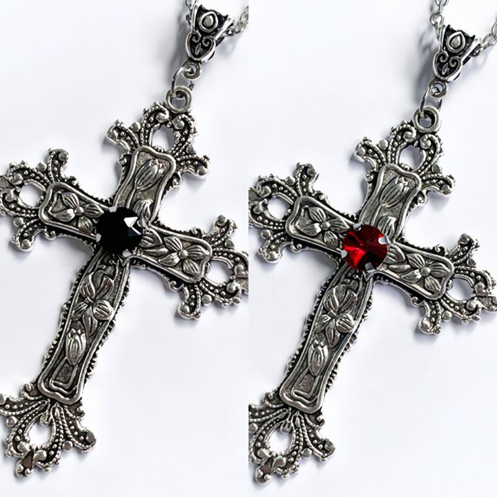 Y2K Punk Crystal Big Cross Pendant Necklaces for Women Men Gothic ...
