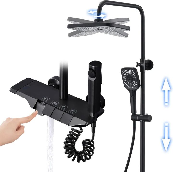 Black Shower Faucet Set Thermostatic Shower System 4 Ways Piano Keys ...