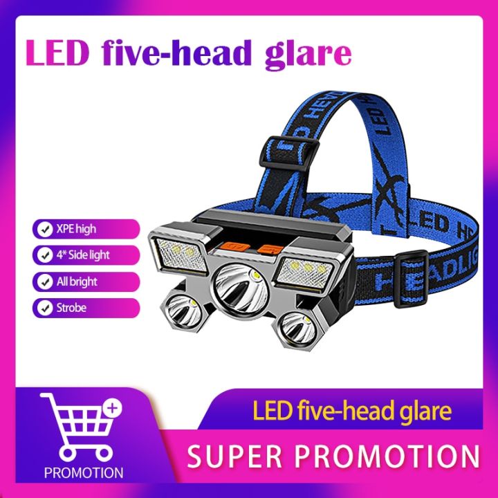 Led Five Head Headlight Strong Light Super Bright Rechargeable Fishing ...