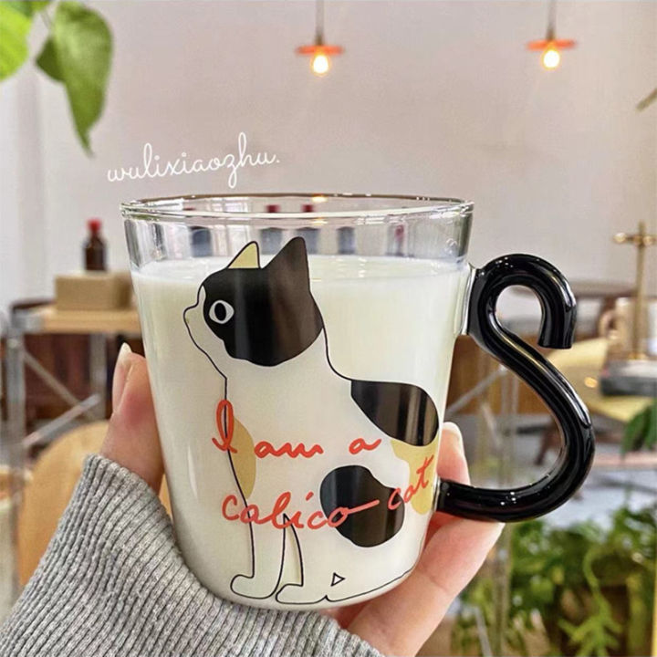 250ml Glass Cup Cartoon Cat Pattern Cup With Handle Milk Cup Breakfast ...