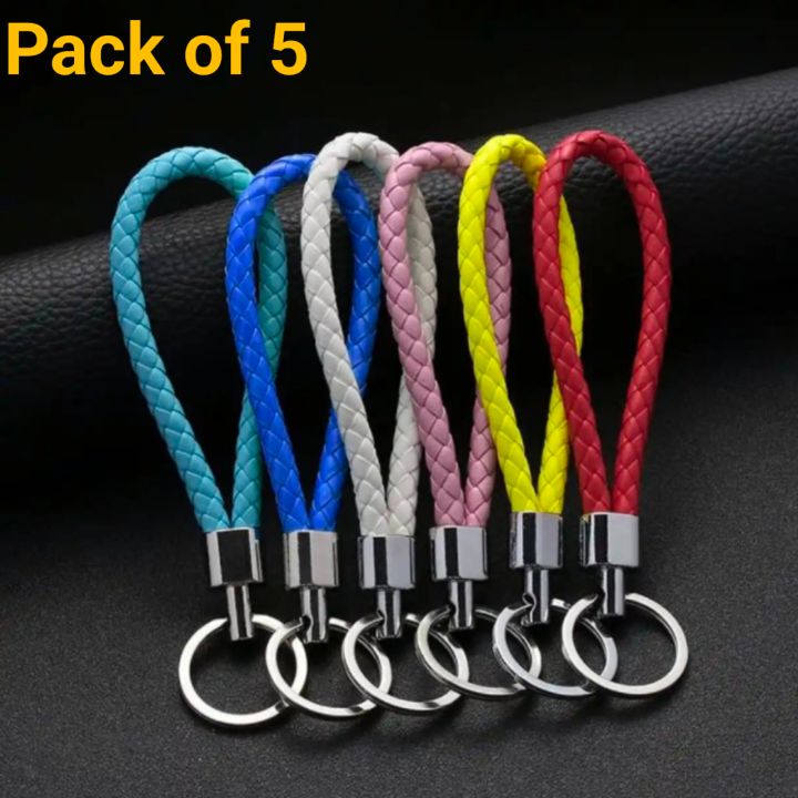 "Pack of 5 PU Leather Braided Woven Rope Keychains | Stylish Key Rings for Cars, Bikes, Bags ...