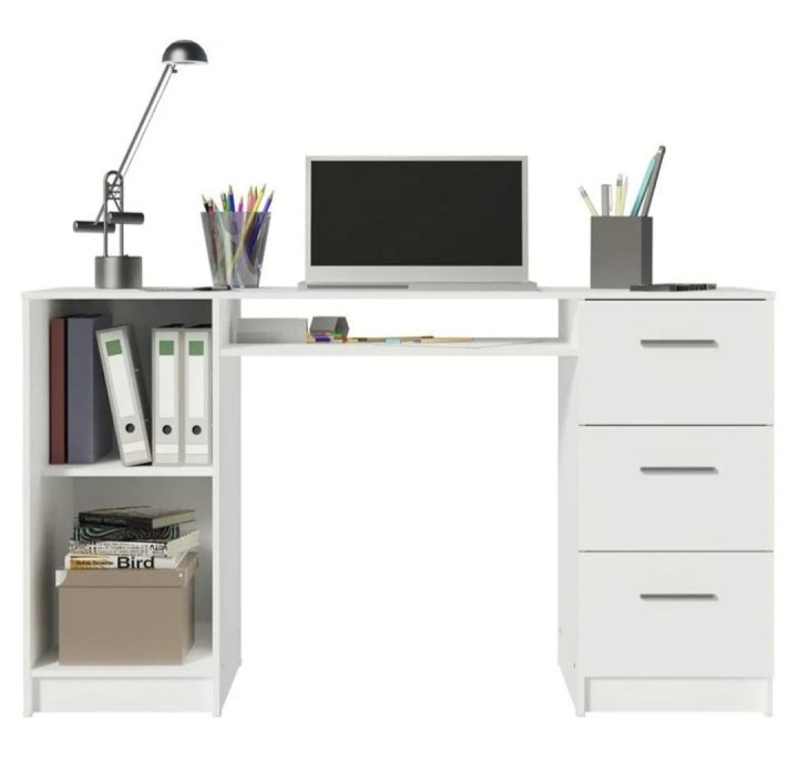 RJ Mart White Office Desk with 3 Drawers, 1 Side Cabinet, and Center ...