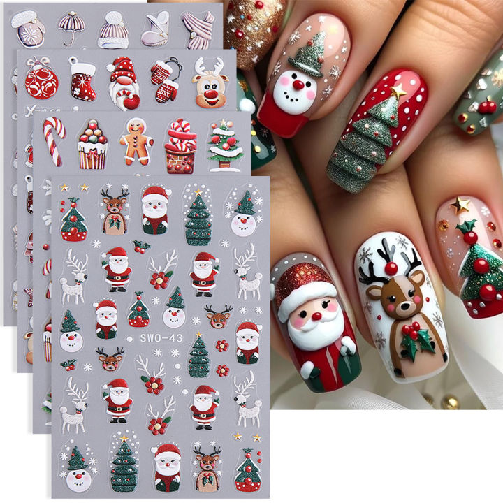 2/4pcs Christmas Cartoon Nail Stickers Santa Claus Snowman Reindeer ...