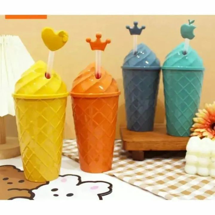 KIDS' CONE SHAPE JUICE & DRINKING PLASTIC GLASS WITH COVER & STRAW ...