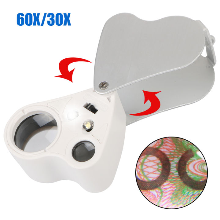 60X 30X Loupe Illuminated Magnifying Glass With LED Lighting Handheld ...