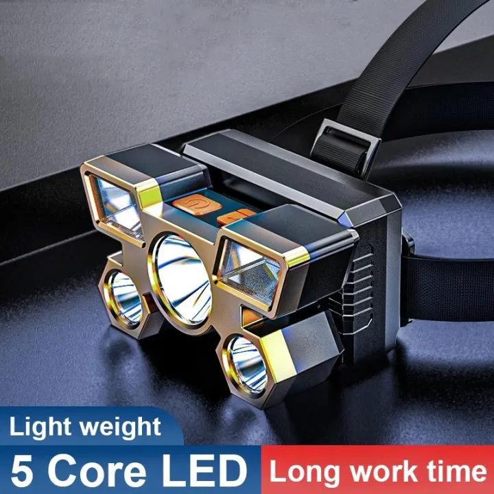 5 LED Head Flashlight Rechargeable Torch Built-in Li-ion Battery LED ...