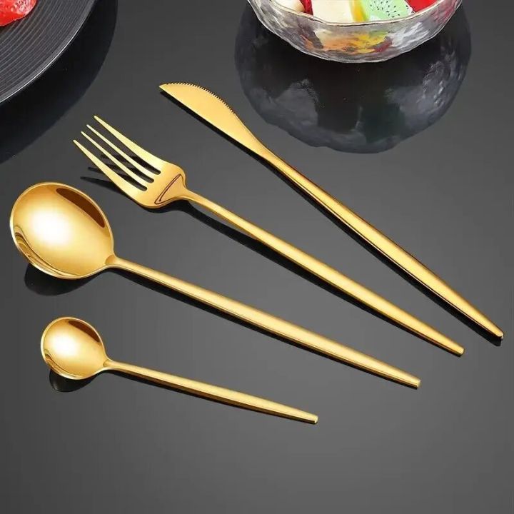 4Pcs Golden Cutlery Set Stainless Steel Knife Fork Spoon Tableware ...