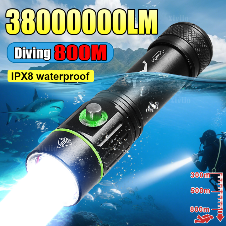 3800000LM Powerful Diving Flashlight IPX8 Underwater Lamp Professional ...