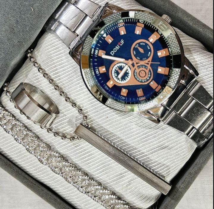 Pack Of 4 Men's Fashion Silver Businness Watch with Jewllery Set -Top ...