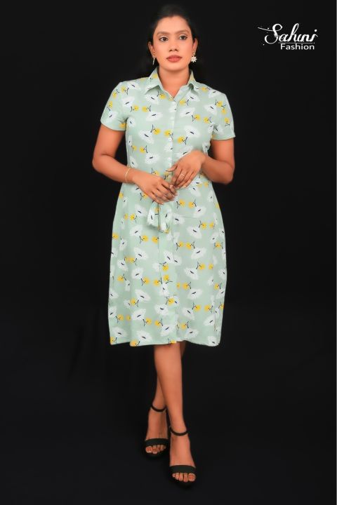 PRINTED FROCK BUTTON LIGHT GREEN SHORT DRESS | Daraz.lk