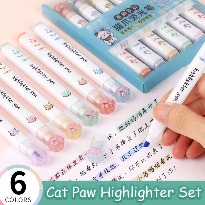 6 Pieces Set Kawaii Cat Paw Highlighter 6 Colors Slanted Tip Markers ...