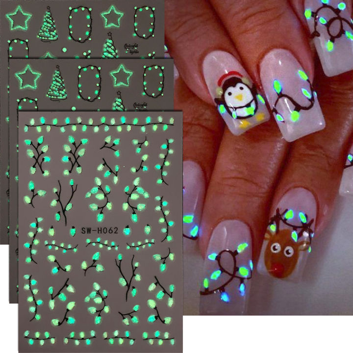 3pcs Luminous Christmas Nail Stickers Colored Lights Stars Design Glow ...