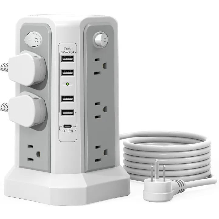 10FT Extension Cord with 12 AC Outlets 5 USB Charging Ports(1 USB C ...