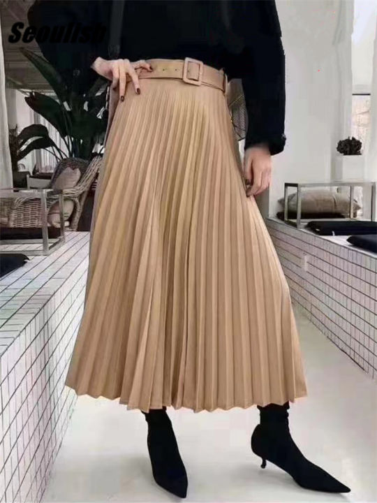 Seoulish High Waist Pleated Midi Skirts with Belted 2024 New Spring Summer Elegant Solid ...