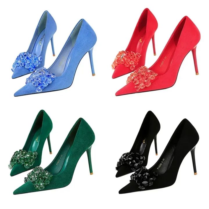 Women Luxury 9cm High Heels Flock Banquet Dress Pumps Lady Pointed Toe ...