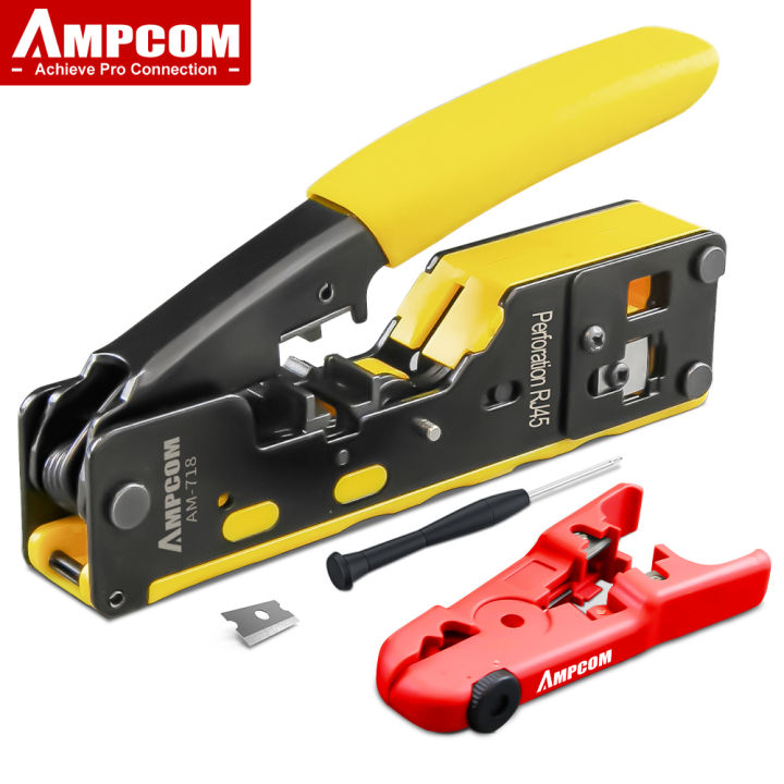 AMPCOM EZ-Type RJ45 Crimper with Wire Strip Tool Set for Crimp / Cut ...