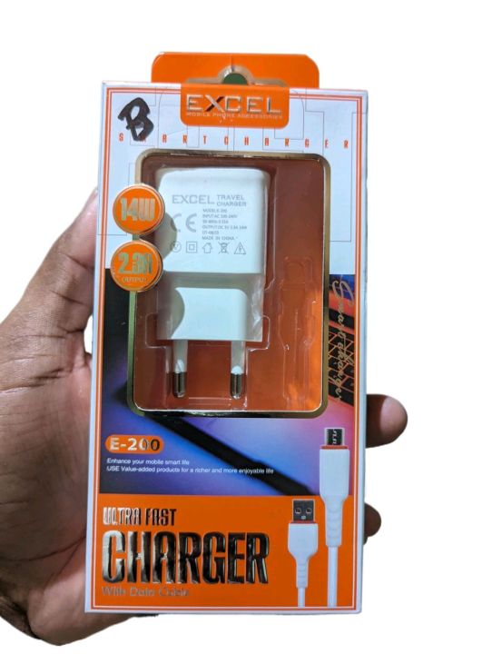 Excel E-200 Ultra First Charger, 14W, 2.3A with USB Data Cable, Quick ...