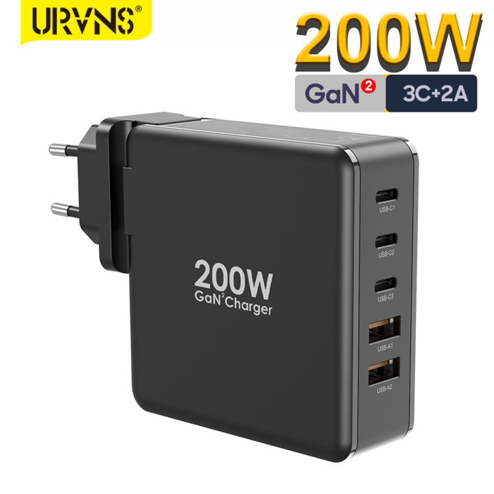 URVNS 200W USB C Wall Charger, 5-Port GaN2 Pro Fast Charging Station PPS PD 100W 65W Power ...