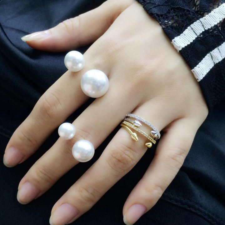 Korean Style Adjustable Pearl Ring for Women Silver Geometric Design ...