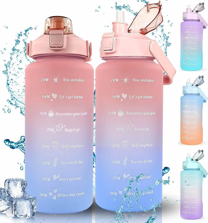 2 Liter Motivational Water Bottle, 2000ML Water Bottle with Straw, Carry Handle, Wide Mouth, BPA ...