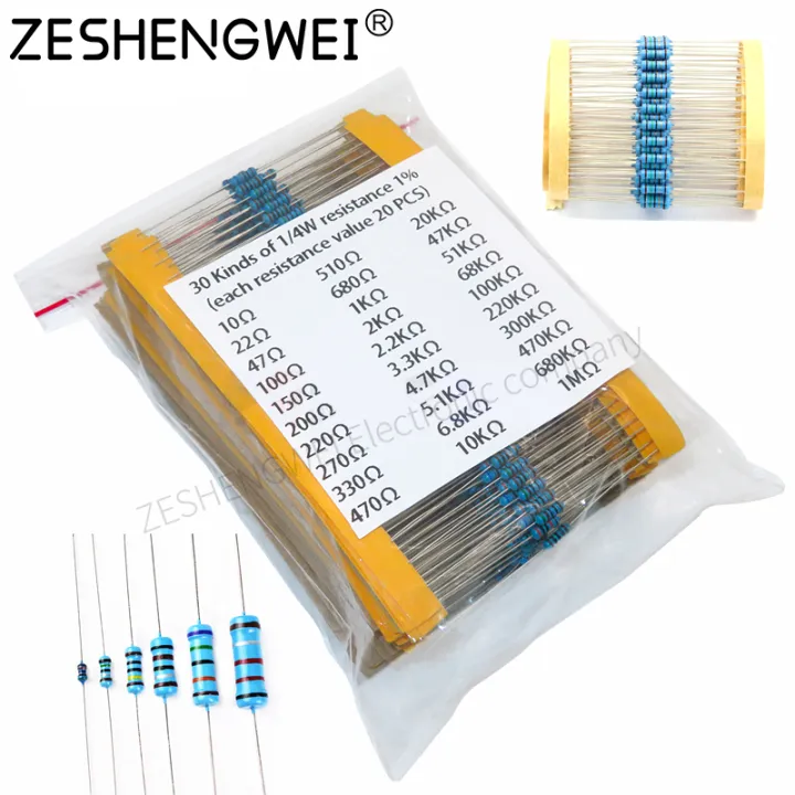 600pcs/set 30 Kinds 1/4W Resistance 1% Metal Film Resistor Pack Assorted Kit 1K 10K 100K 220ohm ...
