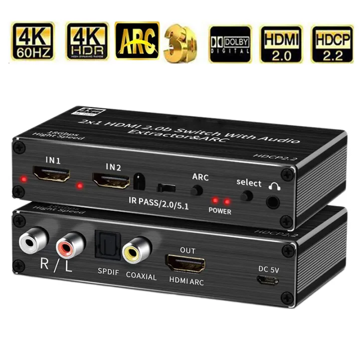 4K HDMI Switcher Audio Extractor 2 in 1 Out Selector with R/L+Toslink ...