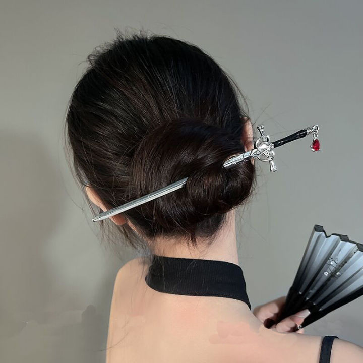 Chinese Style Sword Hairpin For Women Punk Ruby Hair Stick Ponytail ...