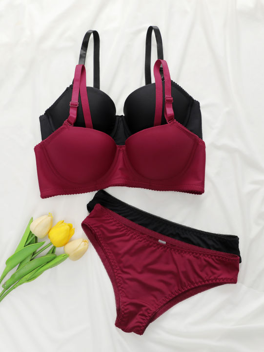 2sets Solid Underwire Lingerie Set Women Push Up Bra With Steel Ring ...