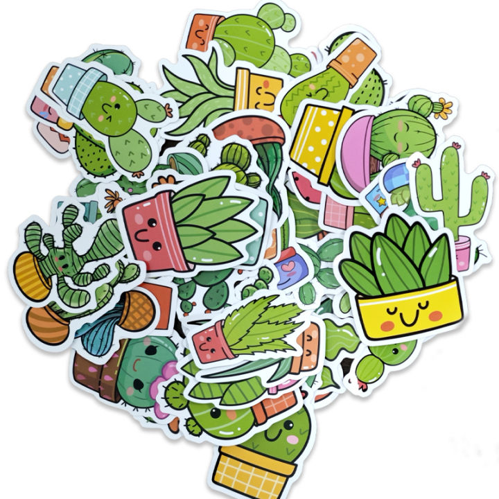 50PCS Cartoon Cactus Plant Graffiti Stickers DIY Diary Car Helmet Guitar Kawaii Label Green ...
