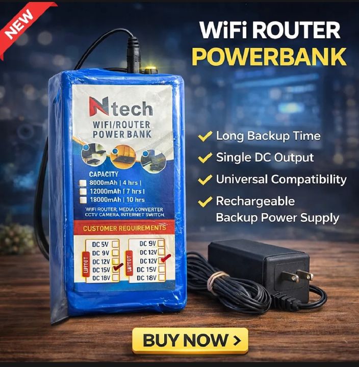 12V Wi-Fi Router Power Bank with Adapter, designed as a backup UPS with ...